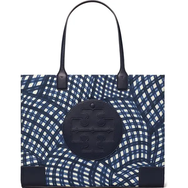Tory Burch Ella Print Tote - Navy Warped Gingham