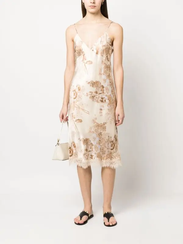 Gold Hawk Floral-print Silk Dress With Lace Detail