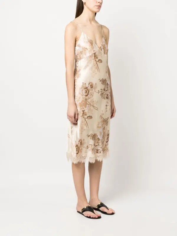 Gold Hawk Floral-print Silk Dress With Lace Detail