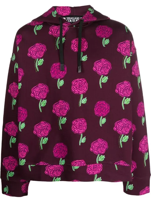 Versace Rose-print Cotton Hoodie - Pink