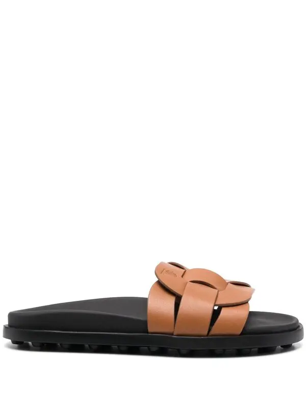 TOD'S Woven Leather Slides - Brown