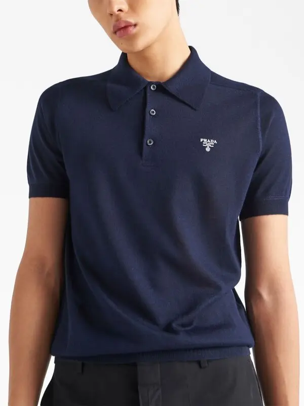Prada Logo-Embroidered Cashmere Polo Shirt - Blue | Editorialist