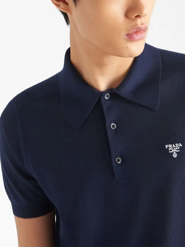 Prada Logo-Embroidered Cashmere Polo Shirt - Blue | Editorialist