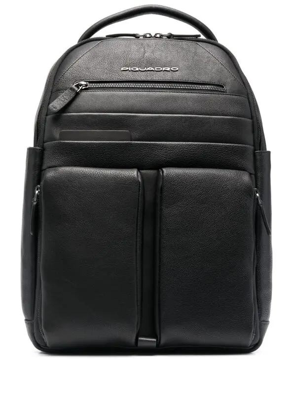 PIQUADRO Leather Backpack With Logo Plaque - Black