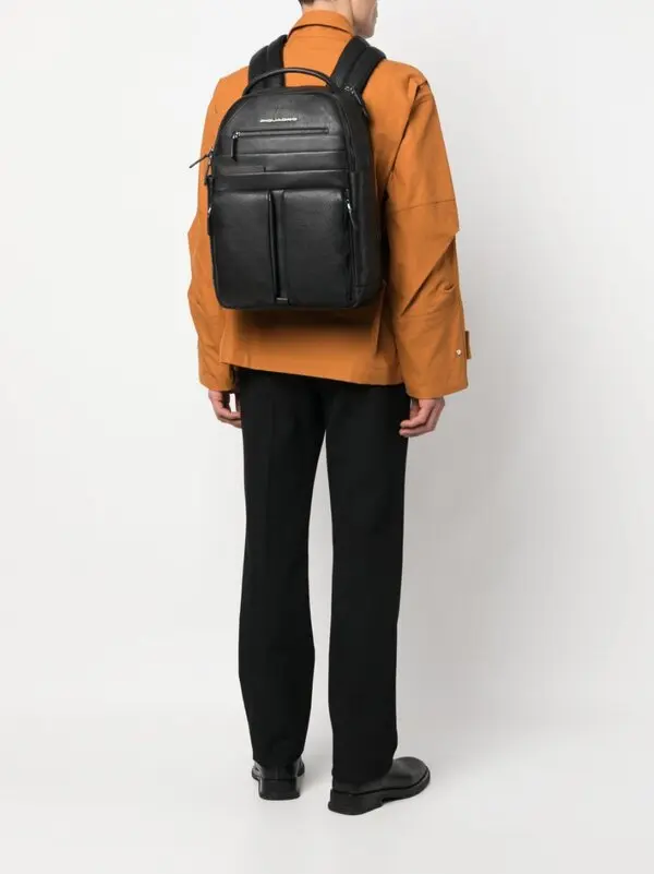 PIQUADRO Leather Backpack With Logo Plaque