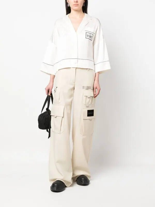 Off-White Satin Pajama Crop Shirt