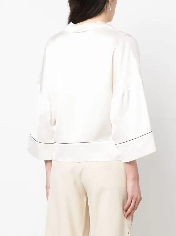 Off-White Satin Pajama Crop Shirt
