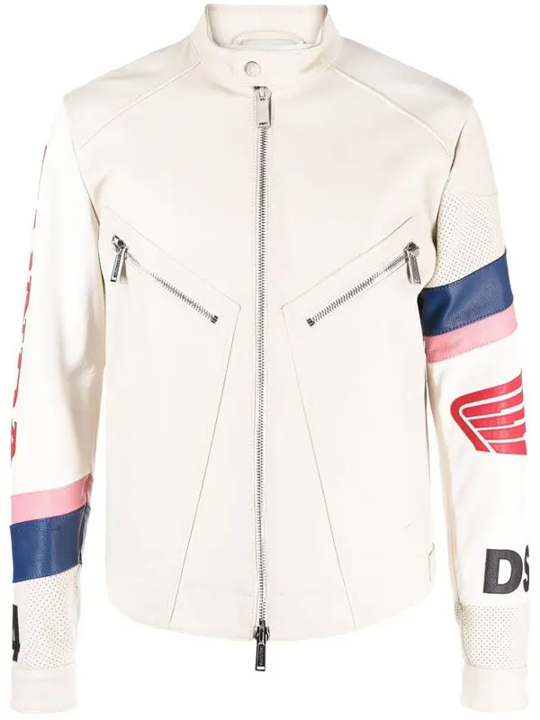 Dsquared2 Leather Biker Jacket With Logo Patch - Neutrals