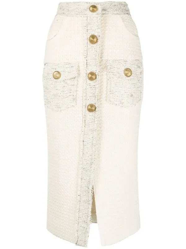 Balmain Bouclé-tweed Pencil Skirt With Button Detail - Neutrals