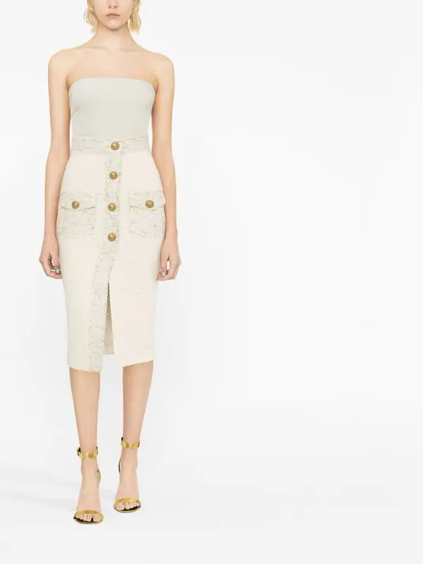 Balmain Bouclé-tweed Pencil Skirt With Button Detail - Neutrals