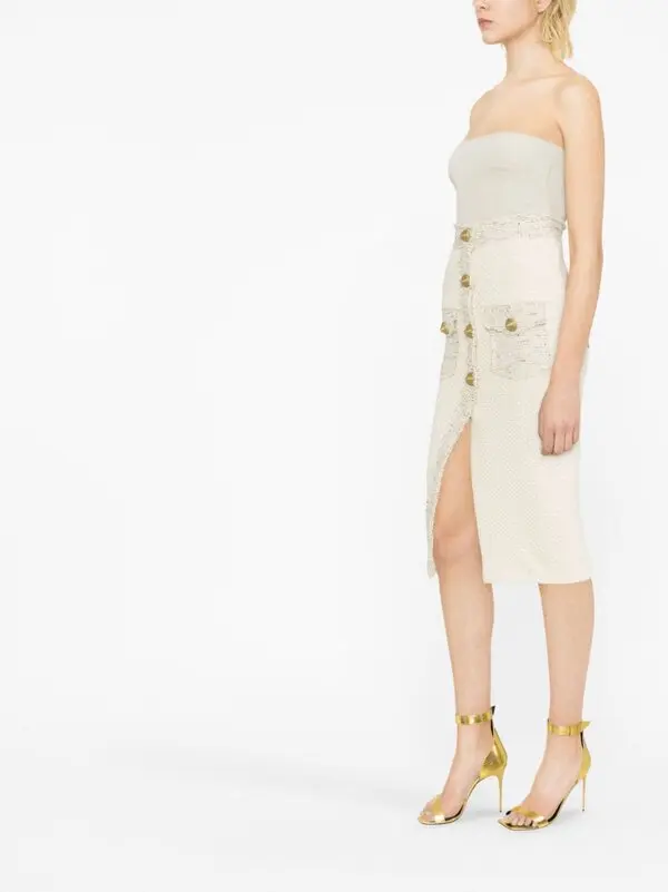 Balmain Bouclé-tweed Pencil Skirt With Button Detail - Neutrals