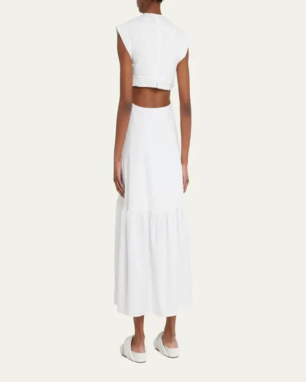 alc alexandria cotton midi dress A.L.C. Alexandria Cotton Knotted Front Cut Out Waist Midi Dress Navy 6 $495
