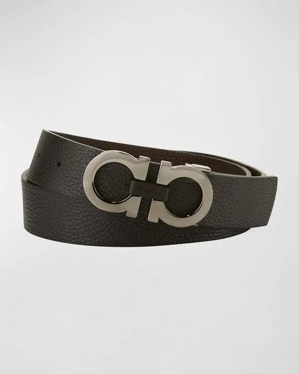 FERRAGAMO Adjustable & Reversible Double-gancini Buckle Leather Belt - Black/hickory
