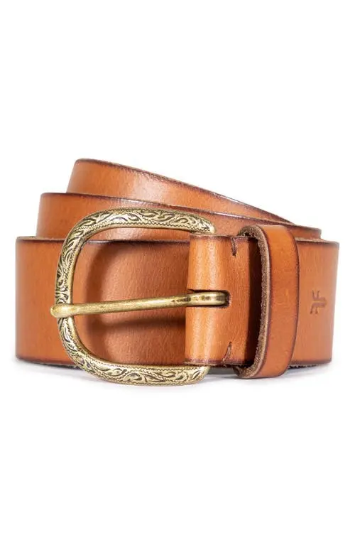 Frye Burnished Leather Belt With Engraved Buckle - Honey