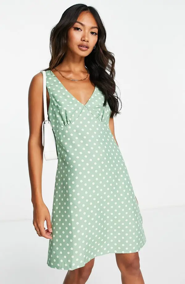 Asos Dot V-Neck A-Line Dress In Green Multi - 55% Off | Editorialist