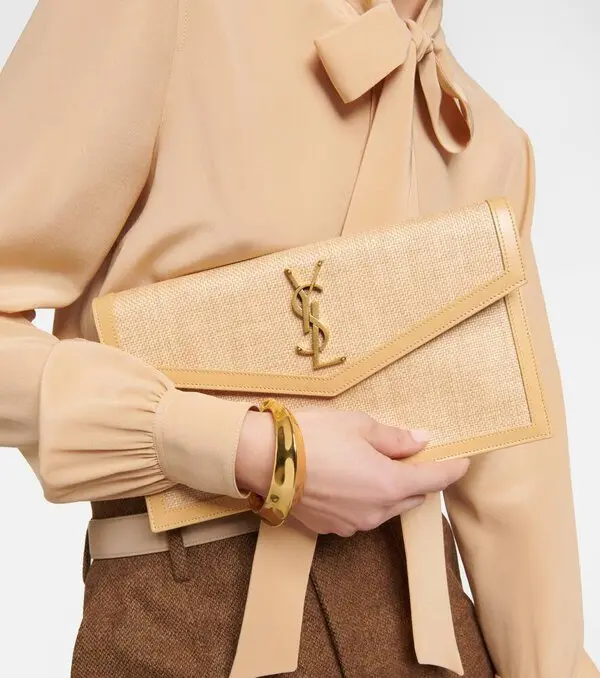Saint Laurent Uptown Raffia Clutch - Neutrals