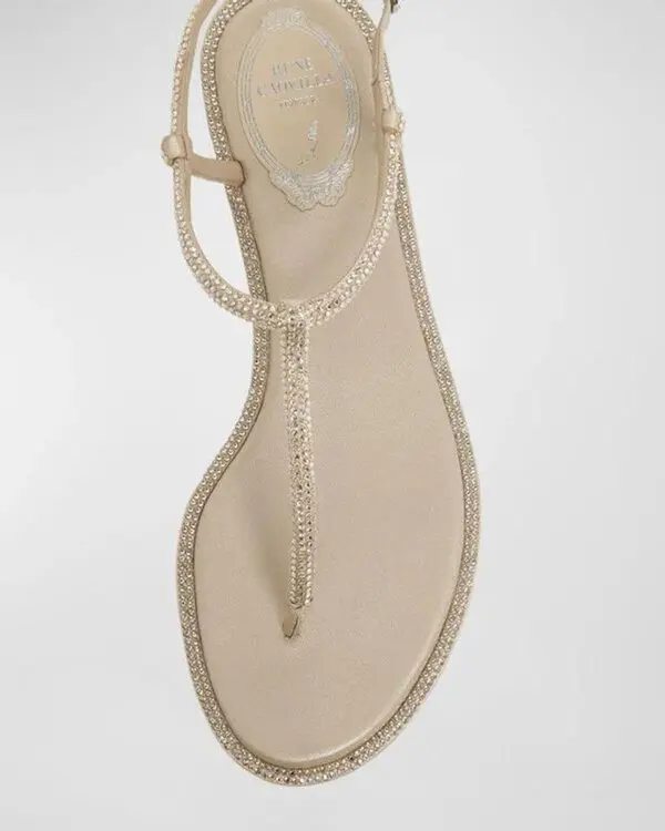 Rene Caovilla Strass T-strap Thong Sandals - Beige