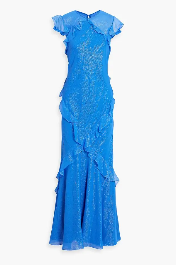 Saloni Tamara Ruffled Metallic Striped Silkblend Chiffon Maxi Dress - Azure
