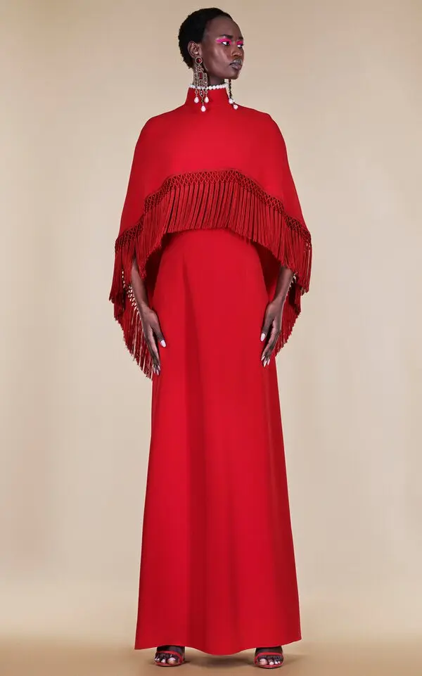 andrew gn red dress Andrew Gn Fringe-Trimmed Maxi Dress Only - Red