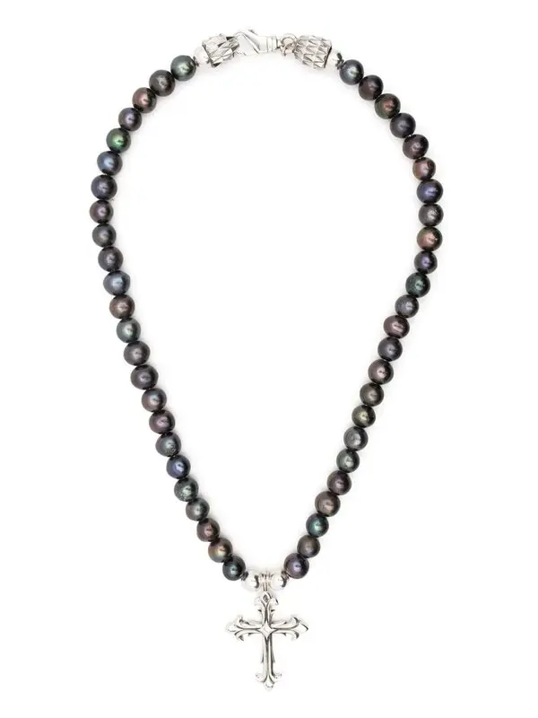 Emanuele Bicocchi Pearl Necklace With Cross Pendant - Black