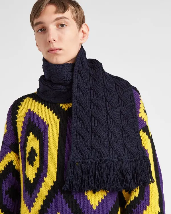 Prada Cable-Knit Wool Scarf - Navy | Editorialist