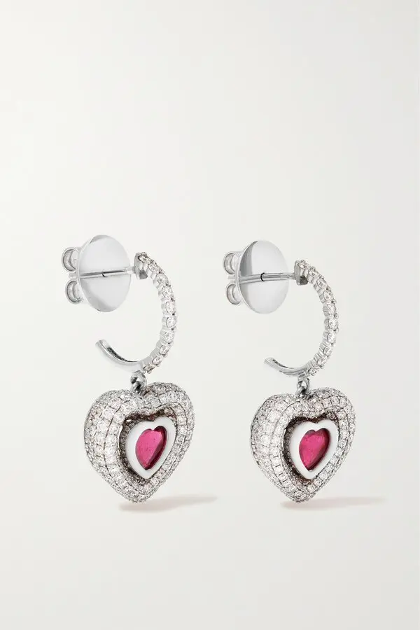 KAMYEN Manaal Heart 18-karat White Enamel, Ruby And Diamond Earrings - Gold