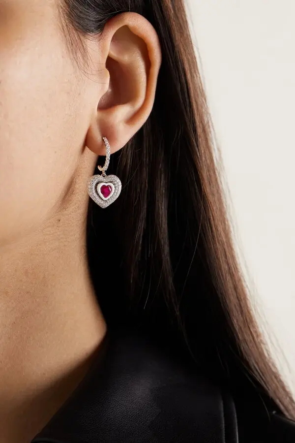 KAMYEN Manaal Heart 18-karat White Enamel, Ruby And Diamond Earrings