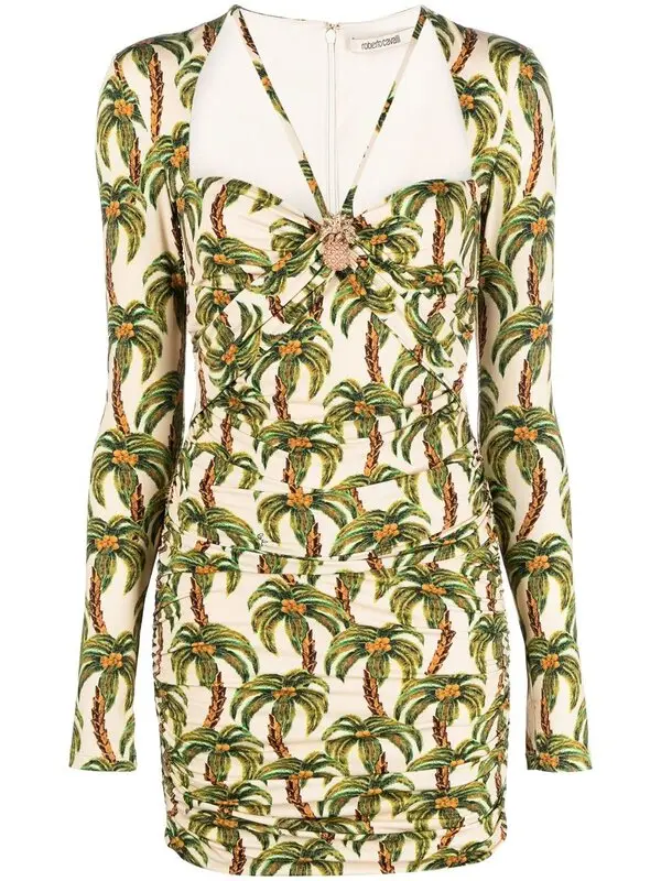 Roberto Cavalli Palm Tree Print Mini Dress - Neutrals