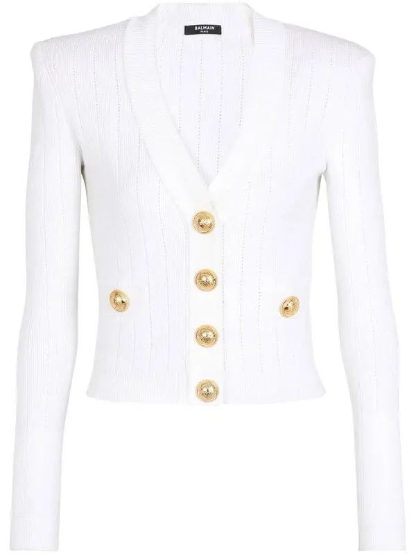 Balmain Pointelle-knit V-neck Cardigan - White