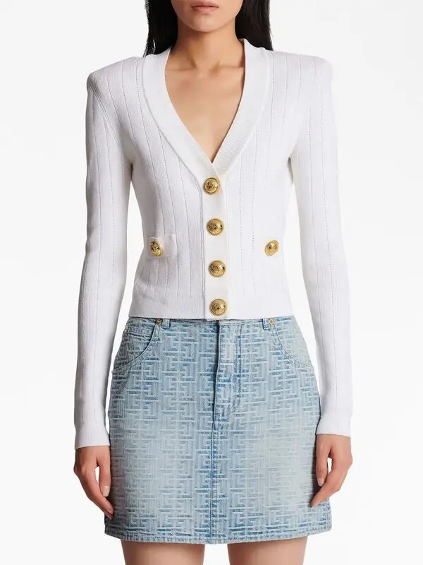 Balmain Pointelle-knit V-neck Cardigan - White