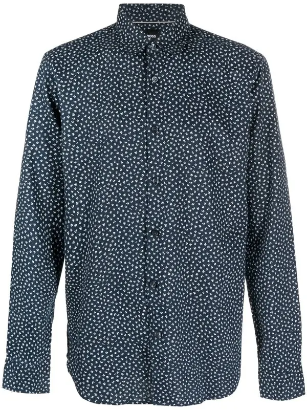 BOSS Abstract-print Linen Shirt - Blue