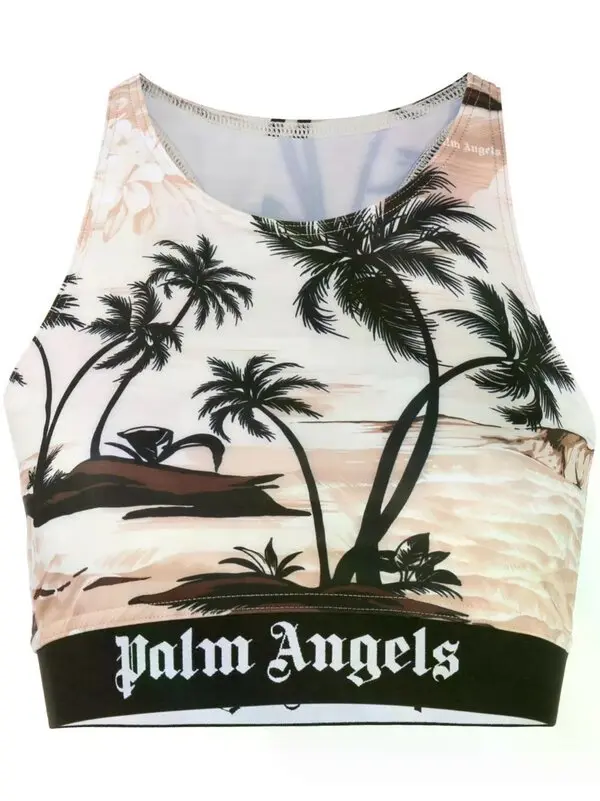 Palm Angels Palm-print Cropped Top - White