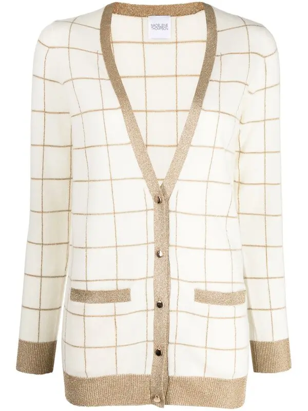 MADELEINE THOMPSON Check-pattern V-neck Cardigan - White