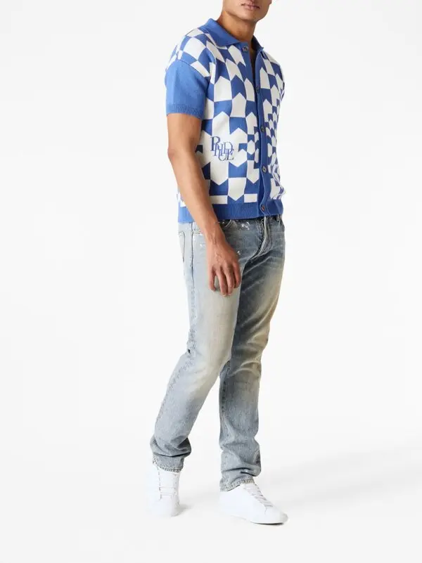 Rhude Racing Checkered Knitted Polo Shirt - Blue