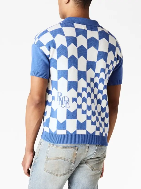 Rhude Racing Checkered Knitted Polo Shirt - Blue