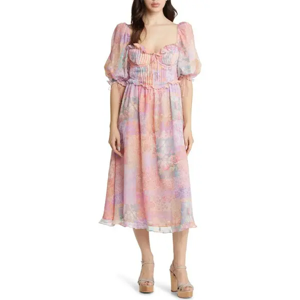 For Love & Lemons Odessa Puff Sleeve Bustier Midi Dress In Multi - 70% Off  | Editorialist