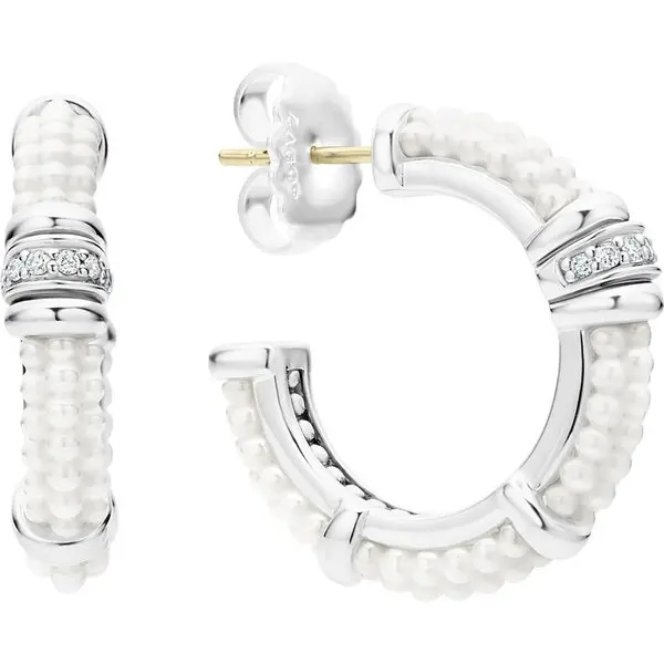 Lagos White Caviar Ceramic And Diamond Hoop Earrings - Silver/diamond