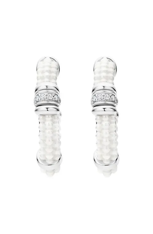Lagos White Caviar Ceramic And Diamond Hoop Earrings - Silver/diamond
