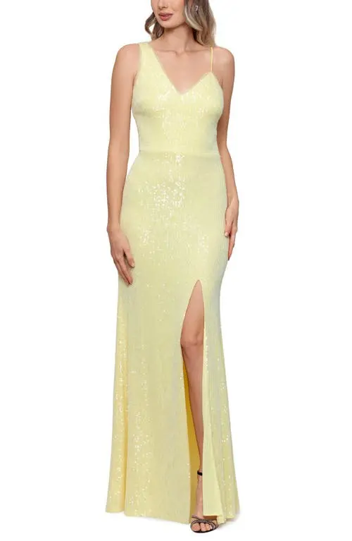 Xscape Evenings Sequin Asymmetric Neck Sheath Gown In Yellow - 60% Off |  Editorialist
