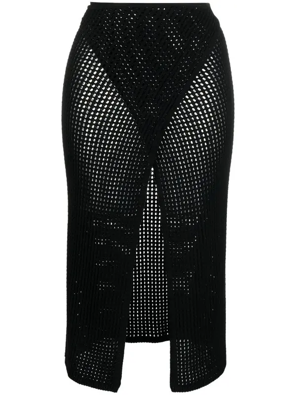 ANDREĀDAMO Slit-open Crochet Knit Midi Skirt - Black