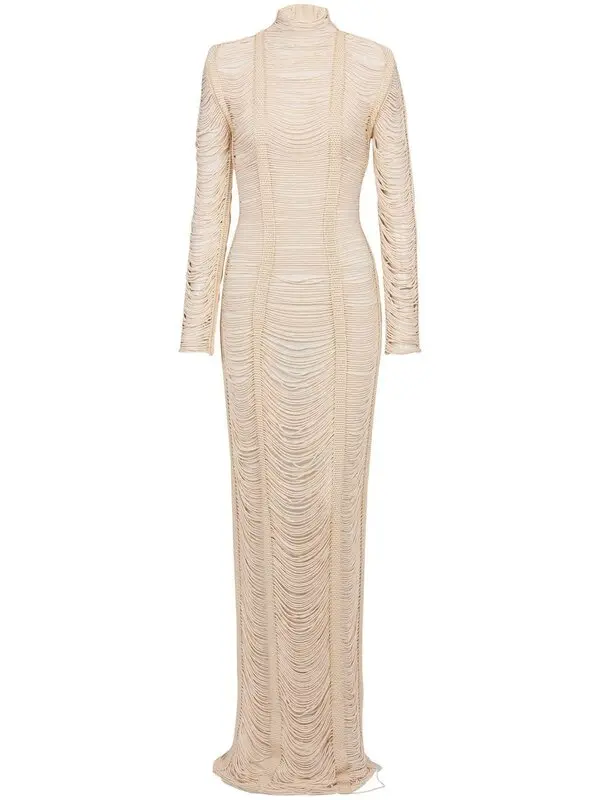 Balmain Macramé Long-sleeve Maxi Dress