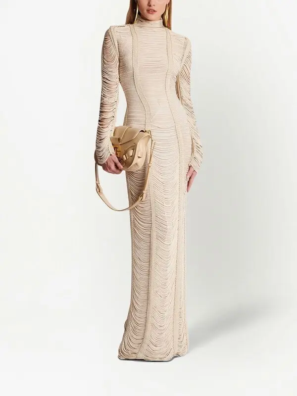 Balmain Macramé Long-sleeve Maxi Dress