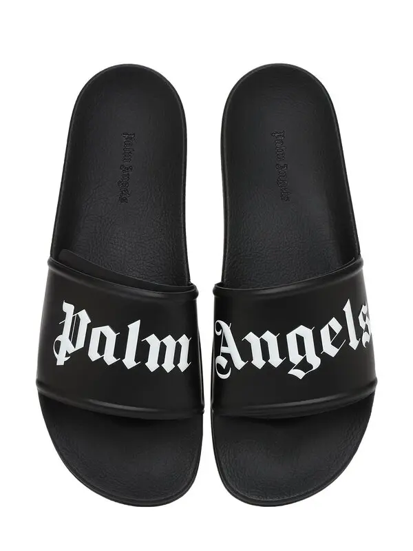 Palm Angels Pool Logo Rubber Slide Sandals In Black,White  display picture 2