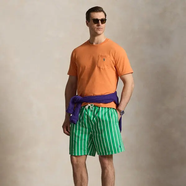 Ralph Lauren Traveler Classic Fit Swim Trunks - Green Vertical Wide Strip