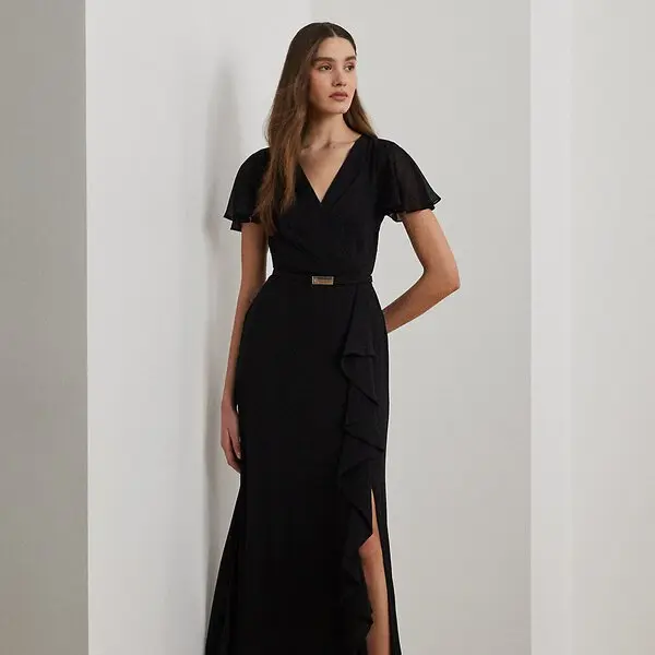 Ralph Lauren Belted Georgette Gown - Black