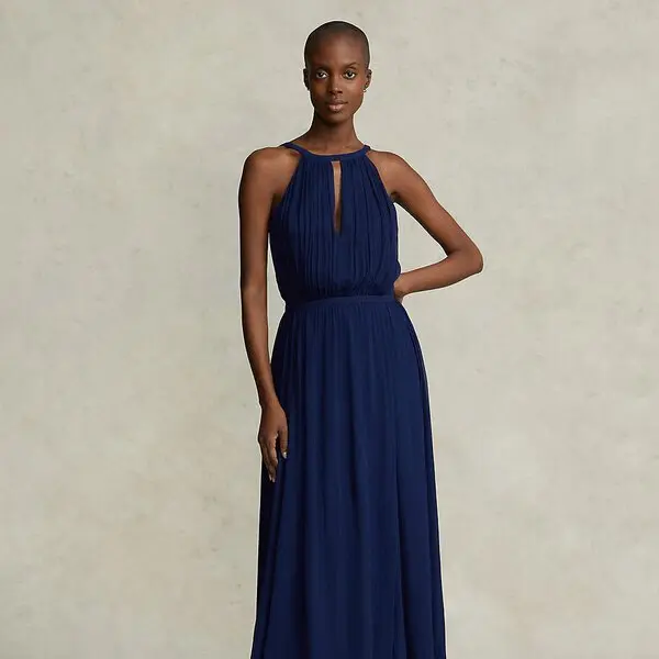 Ralph Lauren Crinkled Georgette Halter Gown - Newport Navy | Editorialist