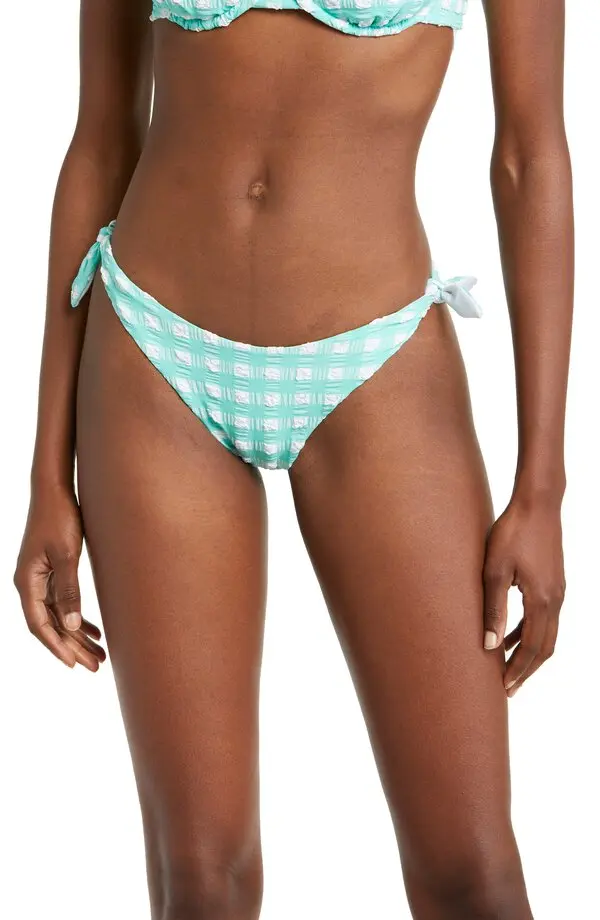 VITAMIN A® Lou Gingham Side Tie Bikini Bottoms - Seafoam Pucker Gingham
