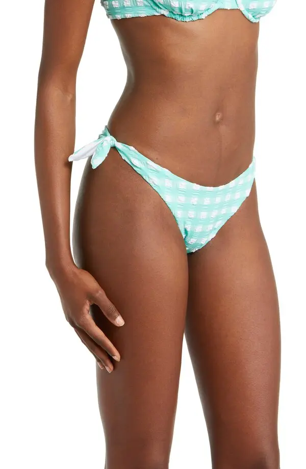 VITAMIN A® Lou Gingham Side Tie Bikini Bottoms - Seafoam Pucker Gingham