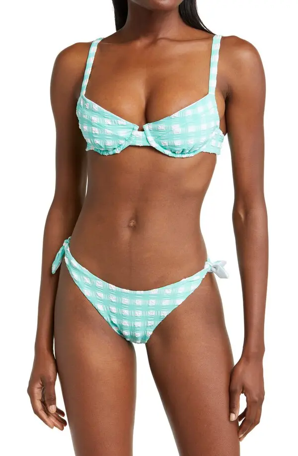 VITAMIN A® Lou Gingham Side Tie Bikini Bottoms - Seafoam Pucker Gingham