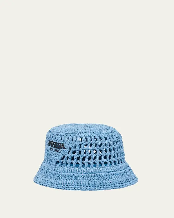 Prada Logo Raffia Bucket Hat - Celeste